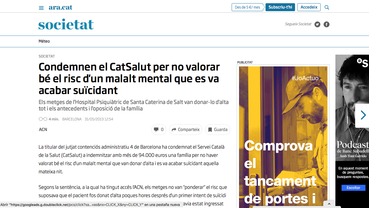 Diari Ara: Condemnen el CatSalut per no valorar bé el risc d’un malalt ...